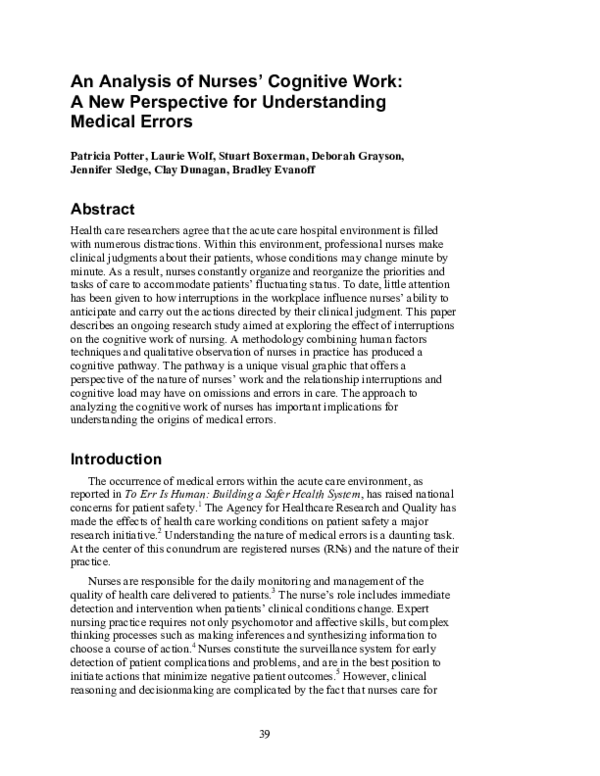 (PDF) An Analysis of Nurses' Cognitive Work: A New Perspective for ...