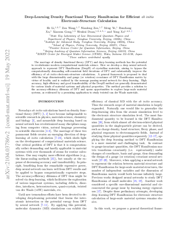 Pdf Deep Learning Density Functional Theory Hamiltonian For Efficient