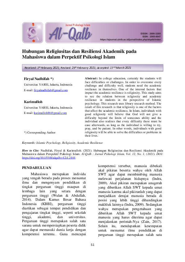 (PDF) Hubungan Religiusitas dan Resiliensi Akademik pada Mahasiswa dalam Perspektif Psikologi Islam