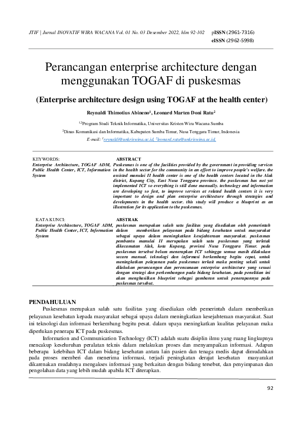 (PDF) Enterprise architecture design using TOGAF at the health center