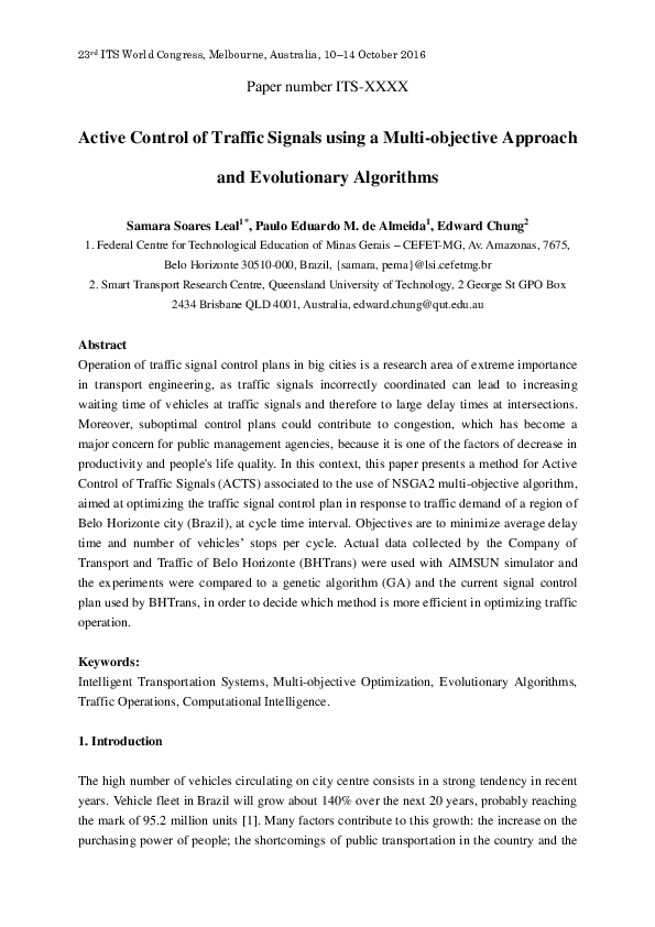 (PDF) Active Control of Traffic Signals using a Multi-objective Approach and Evolutionary Algorithms