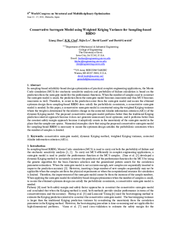 Pdf Conservative Surrogate Model Using Weighted Kriging Variance For Sampling Based Rbdo