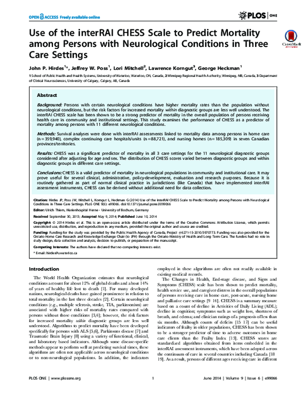 (PDF) Use of the interRAI CHESS Scale to predict mortality among ...