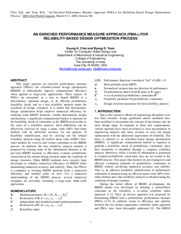 Pdf An Enriched Performance Measure Approach Pma For Reliability Based Design Optimization