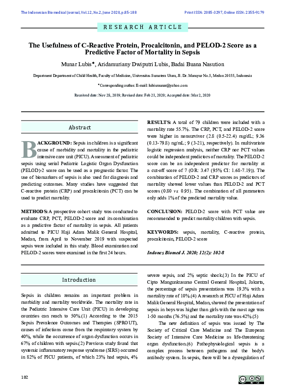 (PDF) The Usefulness of C-Reactive Protein, Procalcitonin, and PELOD-2 ...