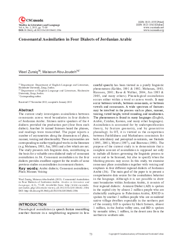 (PDF) ConsonantalAssimilation in Four Dialects of Jordanian Arabic