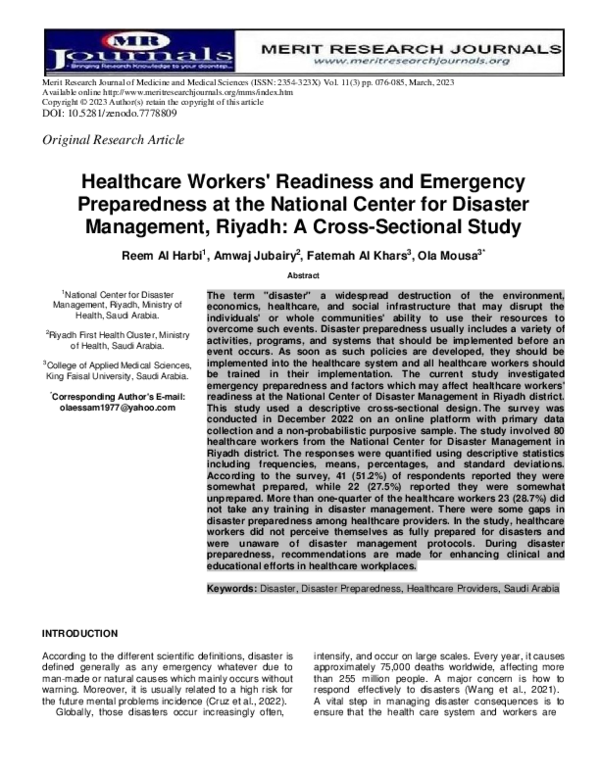 (PDF) Healthcare Workers' Readiness and Emergency Preparedness at the ...