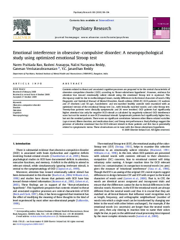 (PDF) Emotional interference in obsessive–compulsive disorder: A ...