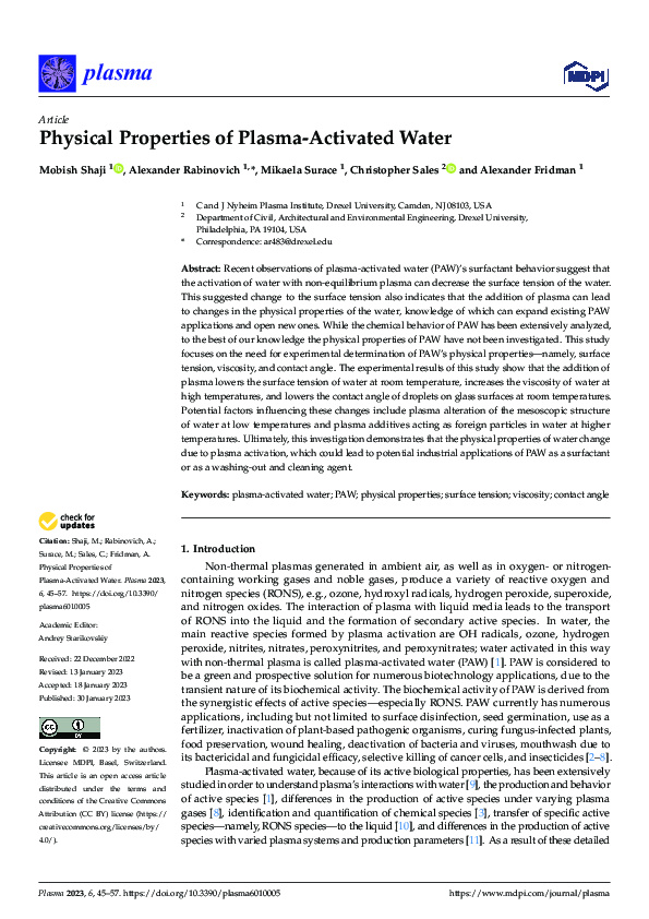 (PDF) Physical Properties of Plasma-Activated Water