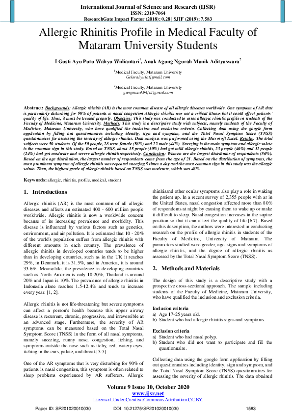 (PDF) Allergic Rhinitis Profile in Medical Faculty of Mataram University Students