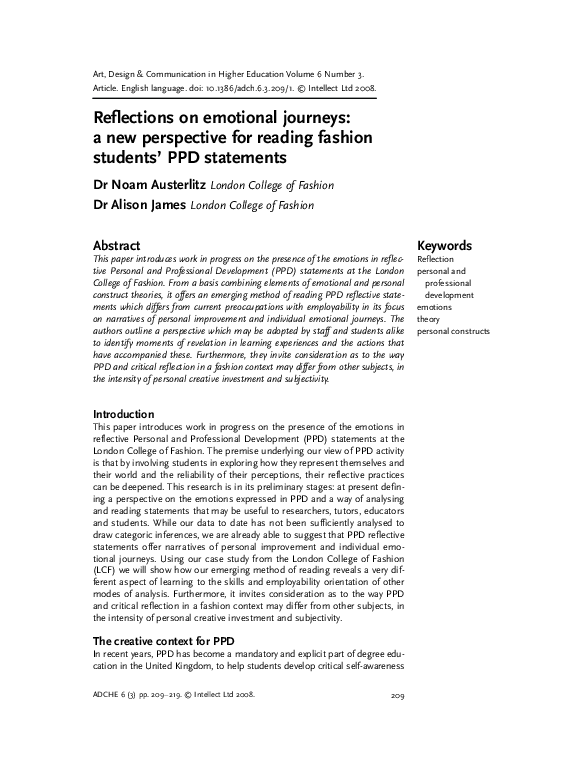 (PDF) Reflections on emotional journeys: a new perspective for reading fashion students' PPD ...