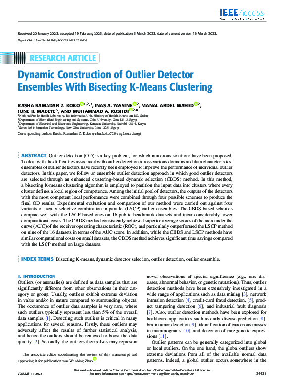 Pdf Dynamic Construction Of Outlier Detector Ensembles With Bisecting K Means Clustering