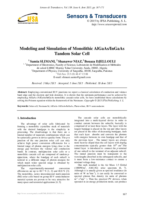 (PDF) Modeling and Simulation of Monolithic AlGaAs/InGaAs Tandem Solar Cell