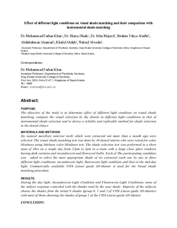 (PDF) Effect of Different Light Conditions on Visual Shade Matching and ...
