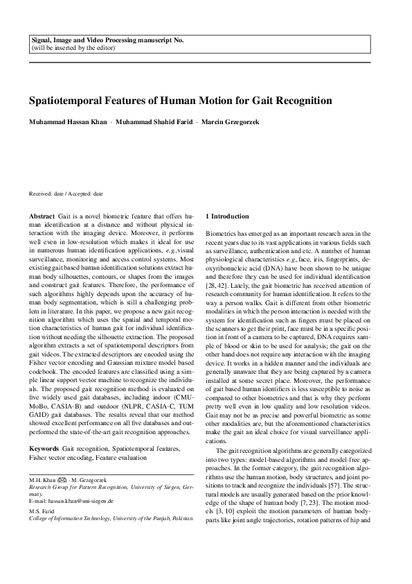 Pdf Spatiotemporal Features Of Human Motion For Gait Recognition
