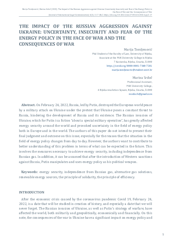 (PDF) THE IMPACT OF THE RUSSIAN AGGRESSION AGAINST UKRAINE: UNCERTAINTY ...