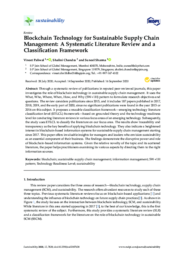 Pdf Blockchain Technology For Sustainable Supply Chain Management A