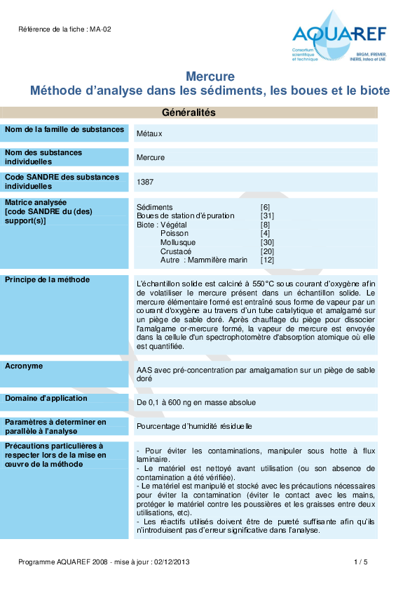 (PDF) Mercury: Analysis method in sediments, sludges and biota