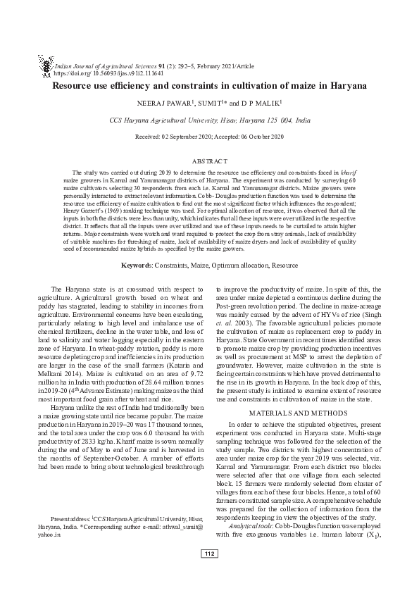 (PDF) Resource use efficiency and constraints in cultivation of maize in Haryana