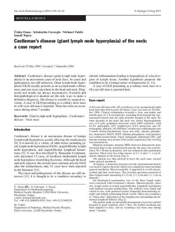(PDF) Castleman's disease (giant lymph node hyperplasia) of the neck: a ...