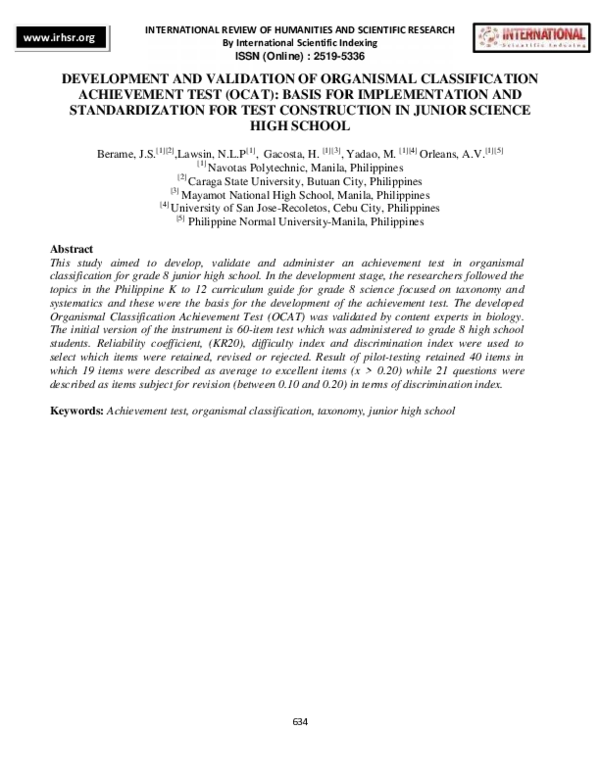 (PDF) Development and Validation of Organismal Classification ...