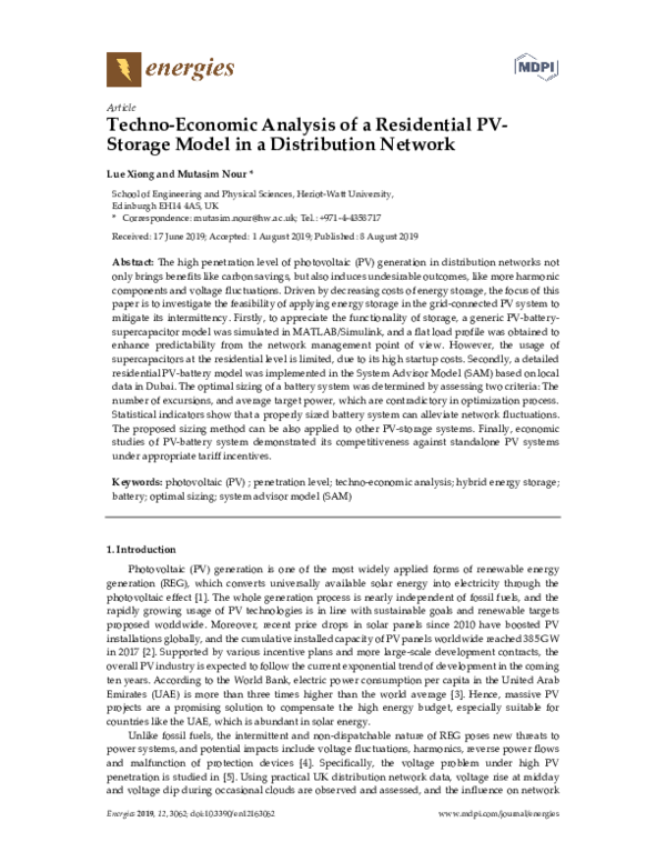 (PDF) Techno-Economic Analysis of a Residential PV-Storage Model in a Distribution Network