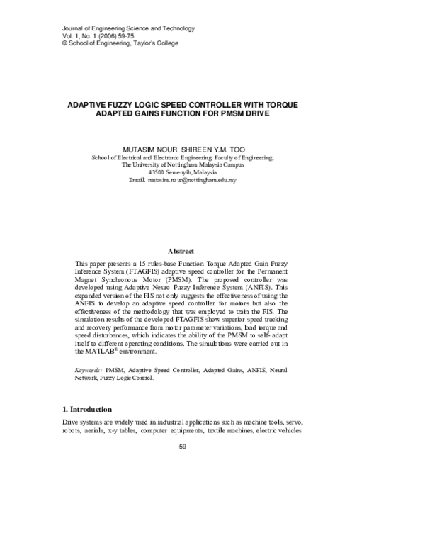 (PDF) Adaptive Fuzzy Logic Speed Controller with Torque Adapted Gains Function for PMSM Drive