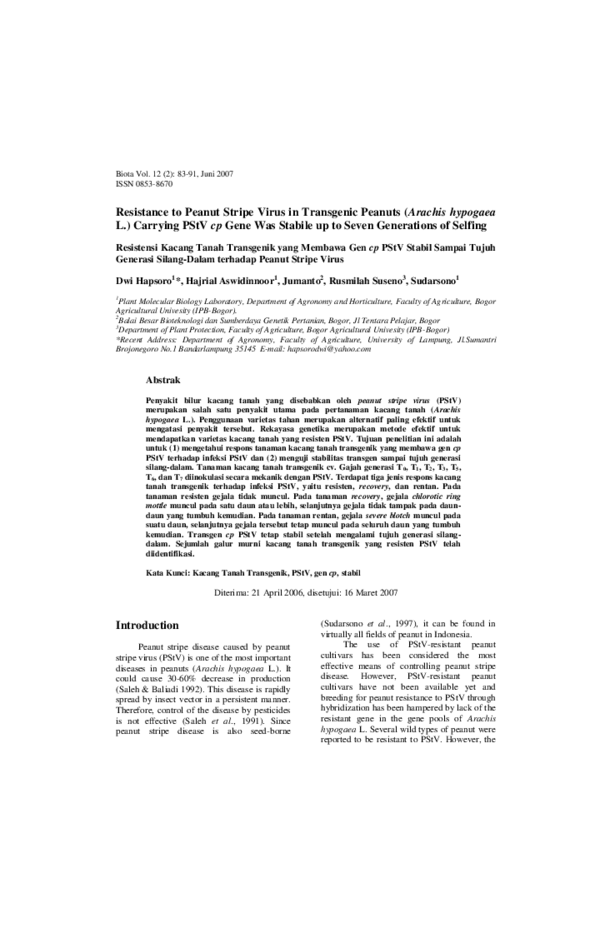 (PDF) Resistensi Kacang Tanah Transgenik yang Membawa Gen cp PStV ...
