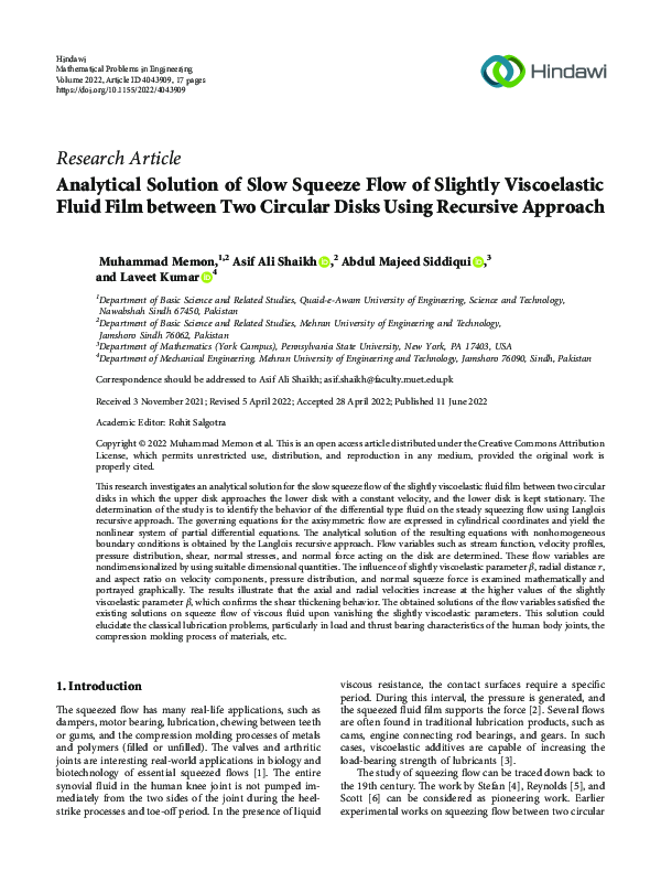 (PDF) Analytical Solution of Slow Squeeze Flow of Slightly Viscoelastic Fluid Film between Two ...