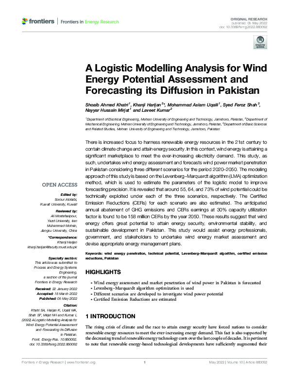 (PDF) A Logistic Modelling Analysis for Wind Energy Potential Assessment and Forecasting its ...