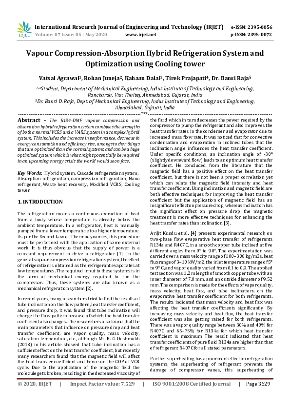 (PDF) Vapour Compression-Absorption Hybrid Refrigeration System and Optimization using Cooling tower