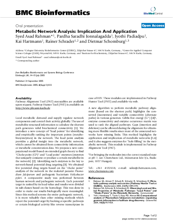 Pdf Metabolic Network Analysis Implication And Application Syed Abdul Rahman