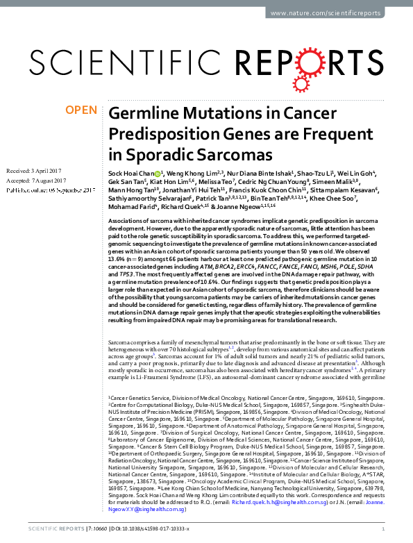 (PDF) Germline Mutations in Cancer Predisposition Genes are Frequent in Sporadic Sarcomas