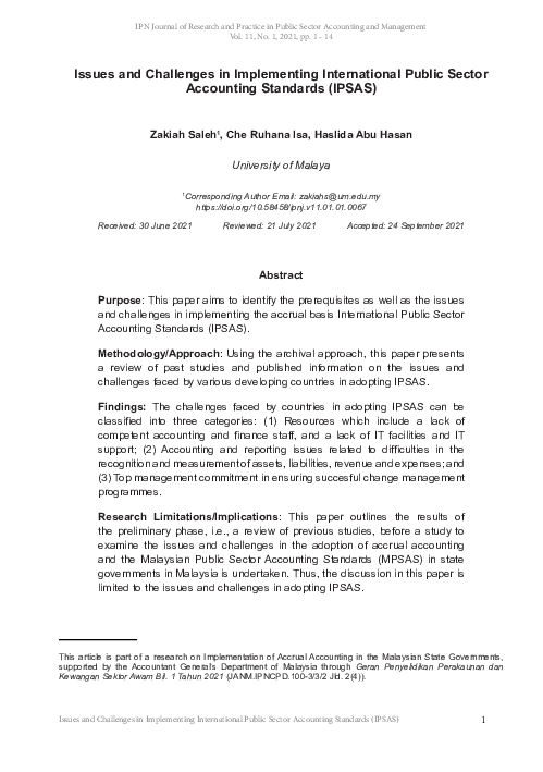 (PDF) Issues and Challenges in Implementing International Public Sector Accounting Standards (IPSAS)
