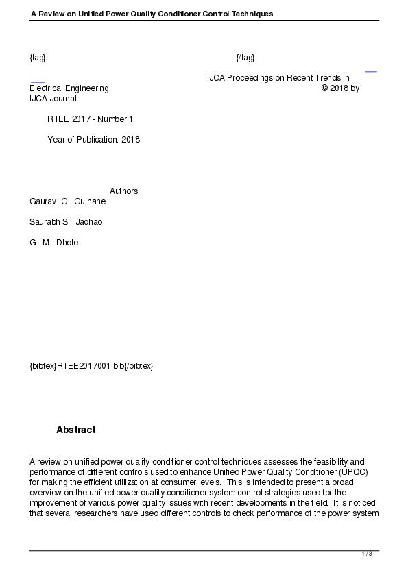 (PDF) A Review on Unified Power Quality Conditioner Control Techniques