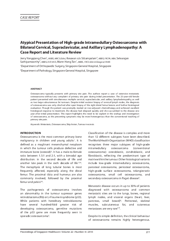 Pdf Atypical Presentation Of High Grade Intramedullary Osteosarcoma With Bilateral Cervical