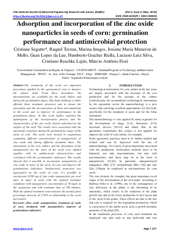 (PDF) Adsorption and incorporation of the zinc oxide nanoparticles in seeds of corn: germination ...