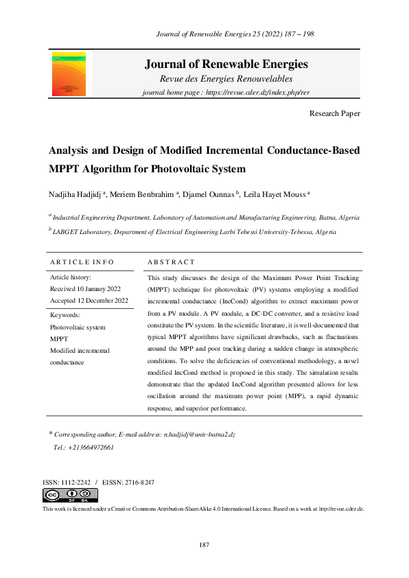 (PDF) Analysis and Design of Modified Incremental Conductance-Based MPPT Algorithm for ...