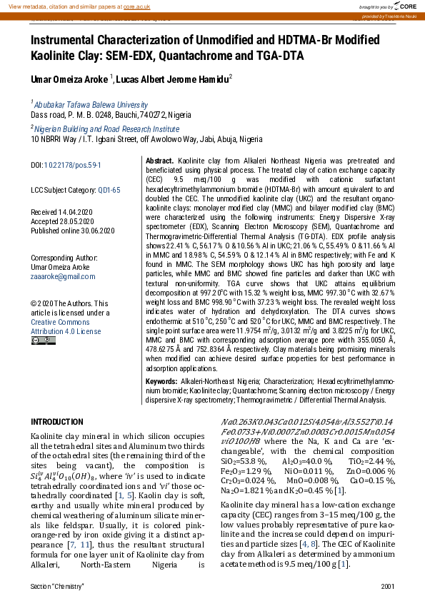 (PDF) Instrumental Characterization of Unmodified and HDTMA-Br Modified ...