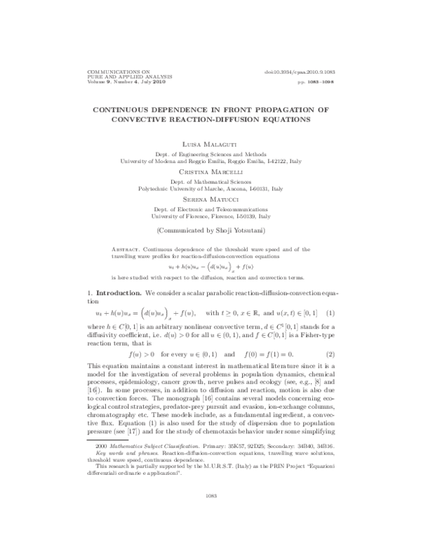(PDF) Continuous dependence in front propagation of convective reaction-diffusion equations