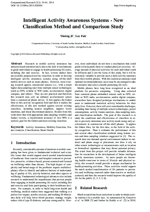 (PDF) Intelligent Activity Awareness Systems - New Classification Method and Comparison Study