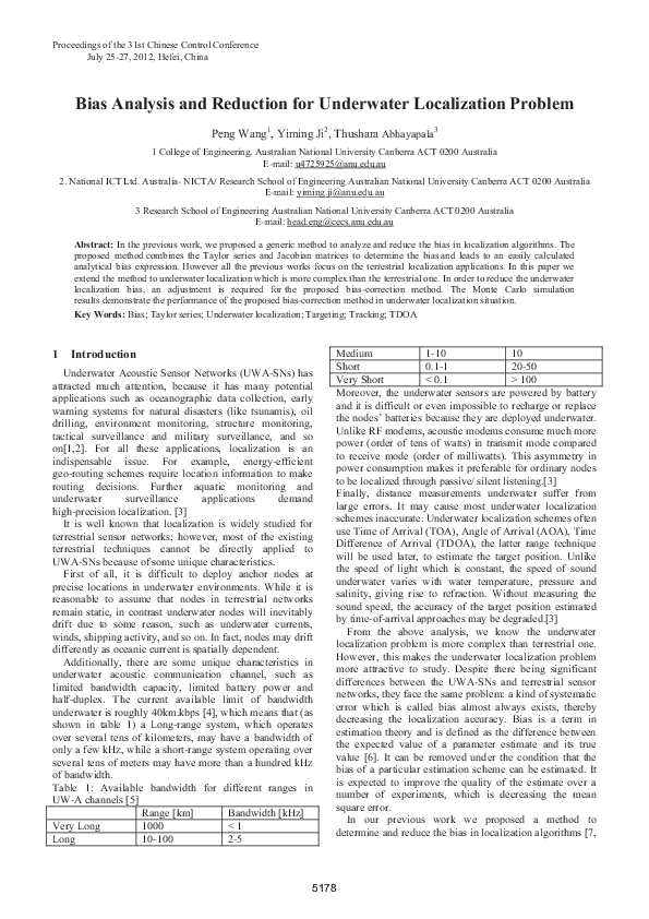 (PDF) Bias analysis and reduction for underwater localization problem
