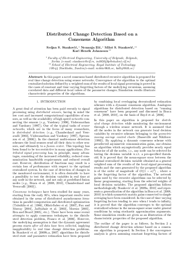 (PDF) Distributed Change Detection Based on a Consensus Algorithm