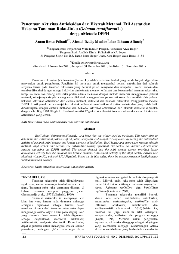 (PDF) Penentuan Aktivitas Antioksidan dari Ekstrak Metanol, Etil Asetat ...