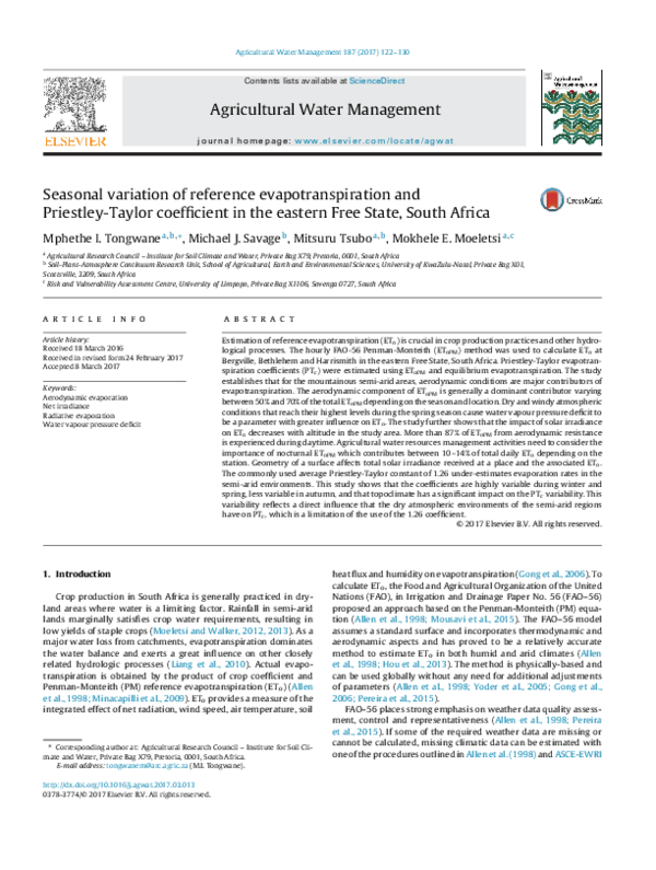 (PDF) Seasonal variation of reference evapotranspiration and Priestley-Taylor coefficient in the ...