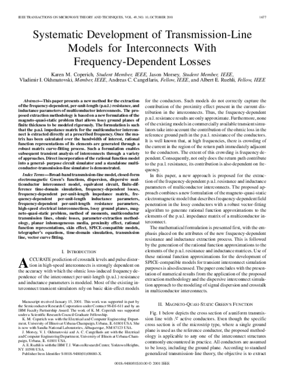 Pdf Systematic Development Of Transmission Line Models For Interconnects With Frequency
