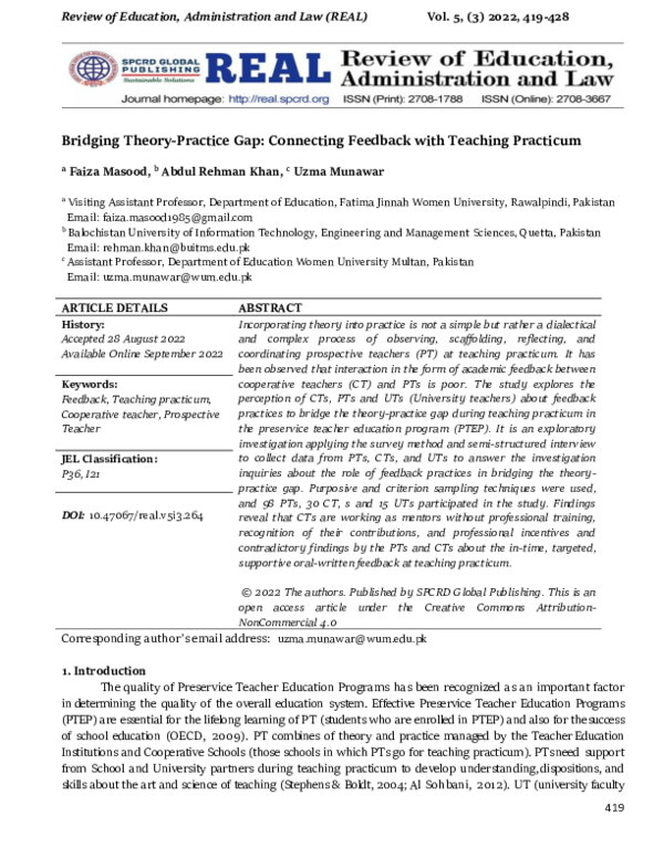 (PDF) Bridging Theory-Practice Gap: Connecting Feedback with Teaching Practicum