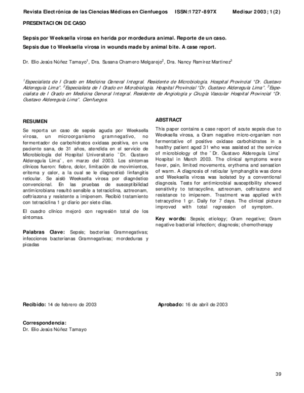 (PDF) Sepsis Por Weeksella Virosa En Herida Por Mordedura Animal ...