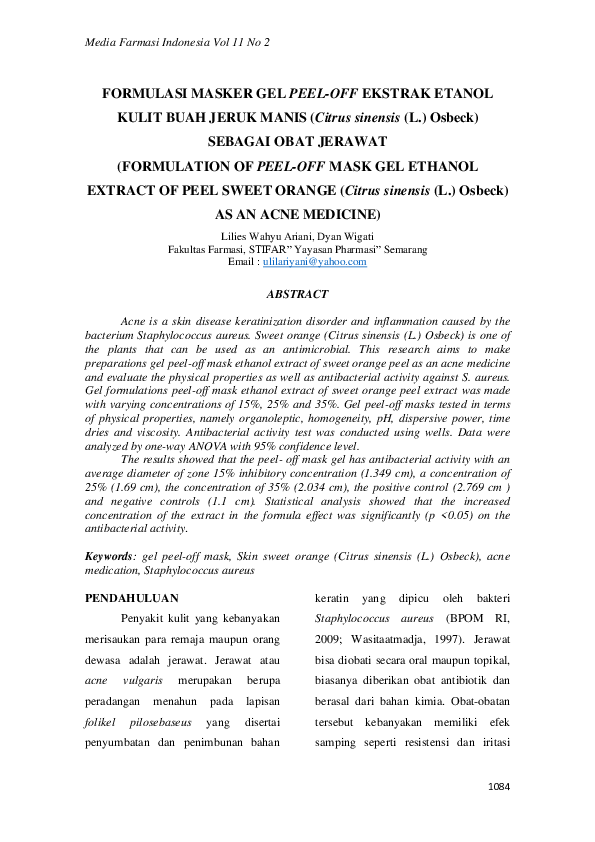 (PDF) FORMULASI MASKER GEL PEEL-OFF EKSTRAK ETANOL KULIT BUAH JERUK ...