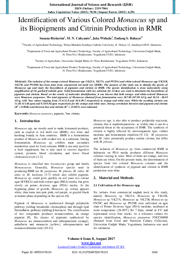 (PDF) Identification of Various Colored Monascus sp and its Biopigments ...